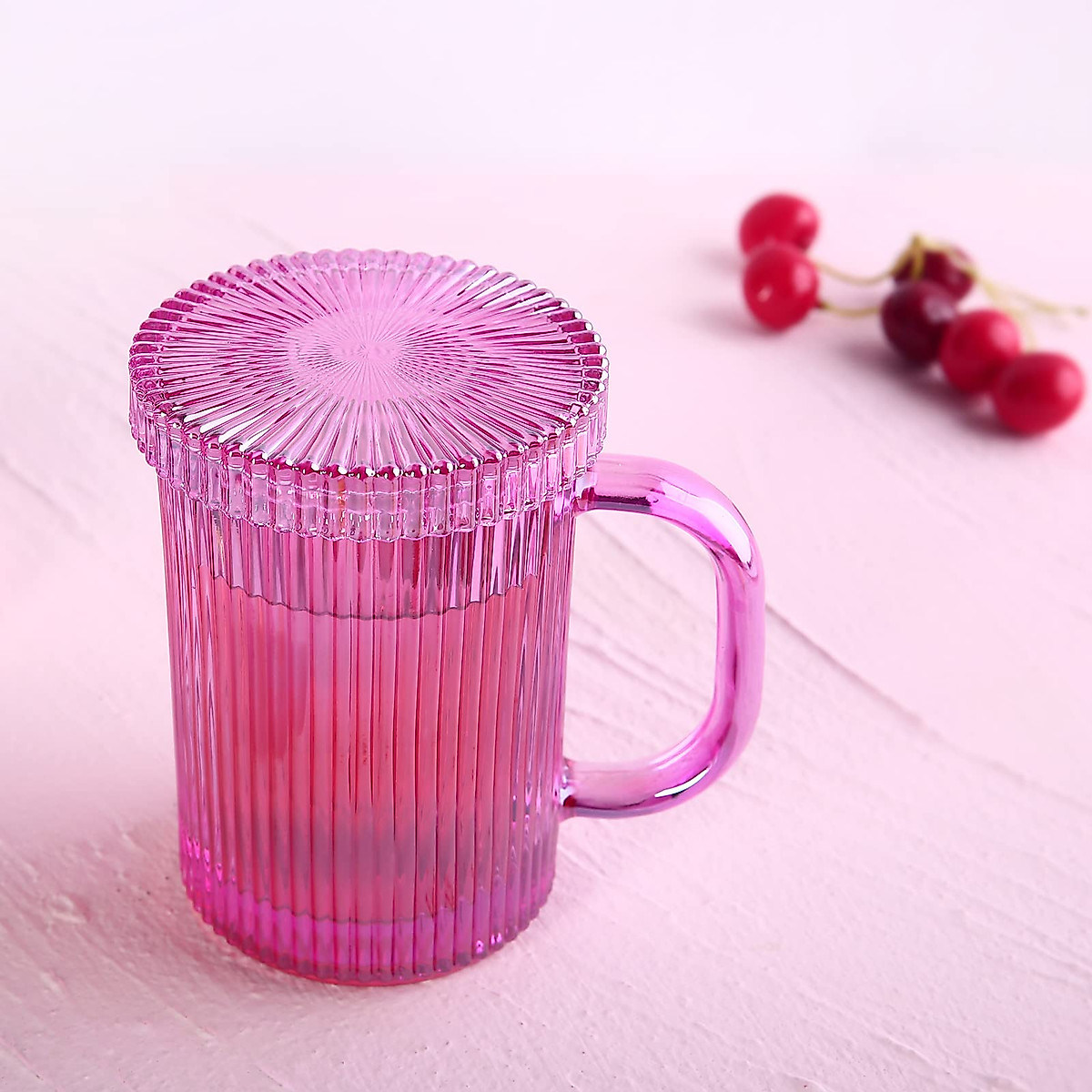 G Meridian Glass Coffee Mug with Lid 11.3 oz with Lid can be usded as Coaster for Latte Chocolate Americano Milk Oats Yoghurt Iridescent Dark Pink