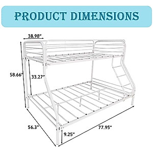 Heliosphere Heavy Duty Twin Over Full Size Bunk Bed with Safety Guard Rails & Inclined Ladder, Metal Bunk Bed with Under Bed Storage Space for Teens Adults, Noise Free/No Box Spring Needed (White)