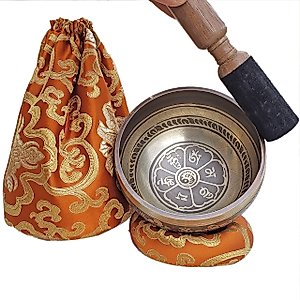 Khusi 4.5 Inch Tibetan Singing Bowl Set, Handmade, Decorative Chakra Bowl for Mindfulness, Wisdom Eye Mantra Engraved, Comes w/Silk Cushion, Leather Mallet and Carry Pouch