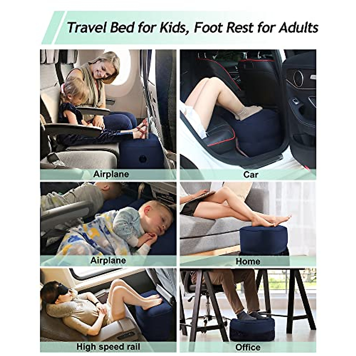 JefDiee Inflatable Travel Foot Rest Pillow, Kids Airplane Bed, Adjustable 3 Layers Height Leg Rest Pillow, Adults Travel Essentials Great for Airplane, Office, Home, Trains, Cars (Blue)