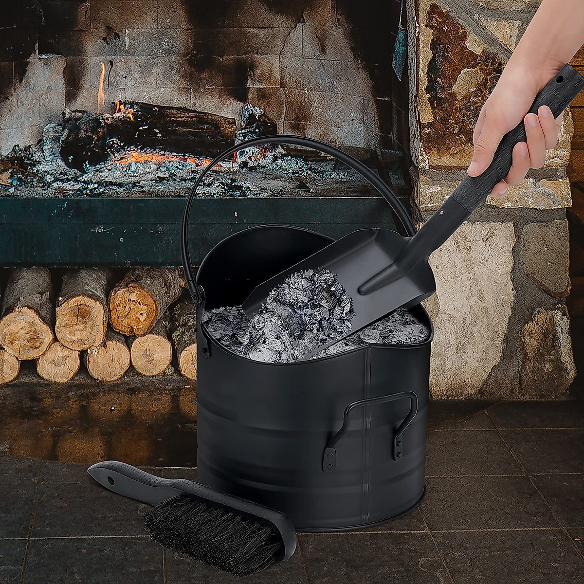 Coal and Ash Bucket with Shovel and Hand Broom, 2-Gallon Portable Pail Metal Bucket Pellet Carrier, Wood Pellet Storage Container, Tool set Accessories for Fireplace, Fire Pit, Wood Burning Stove