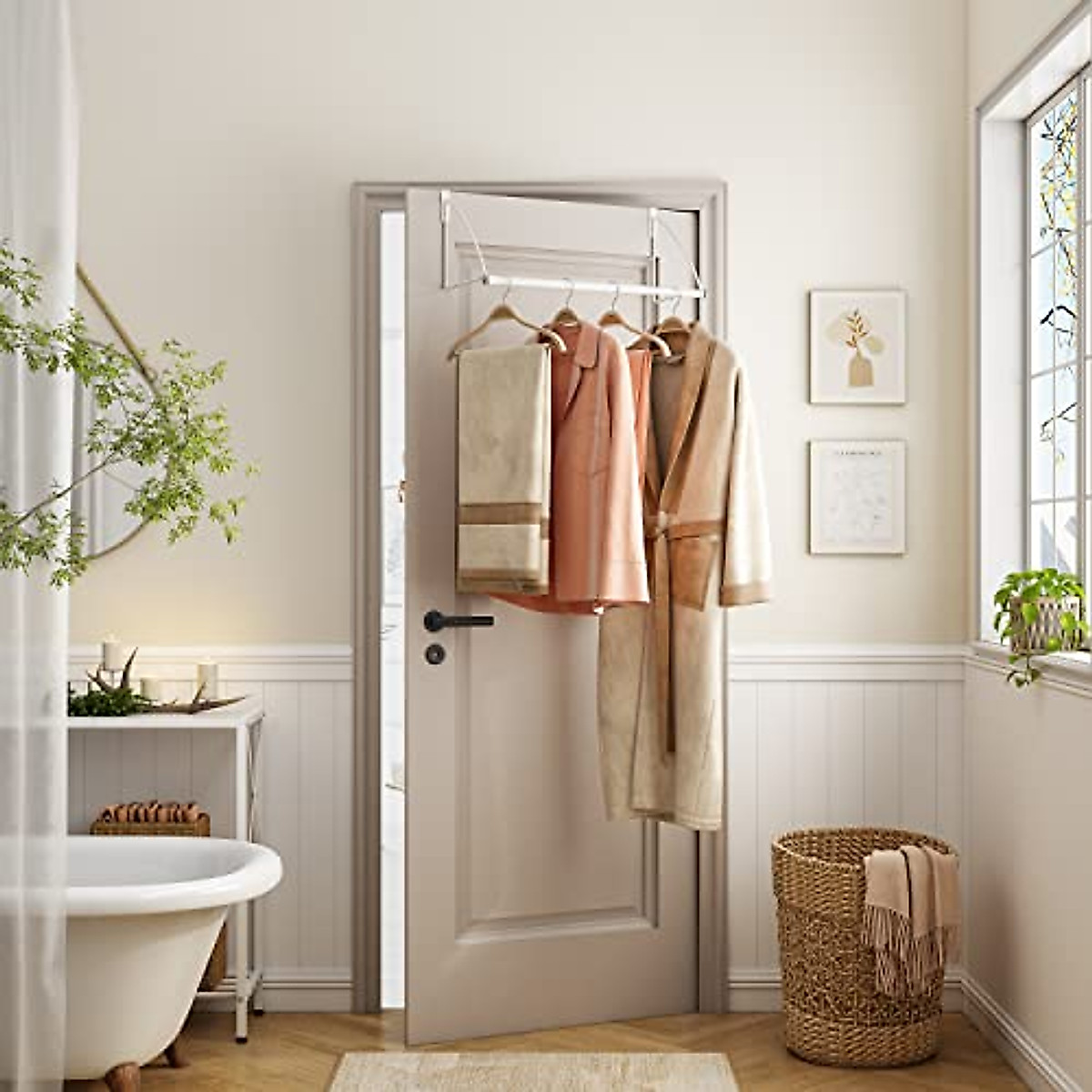 Tajsoon Over The Door Closet Valet, Expandable & Adjustable Over The Door Clothes Organizer Rack and Door Hanger for Clothing or Towel, Drying Clothes, Bathrooms, Fits Doors up to 1¾”, Metal, White