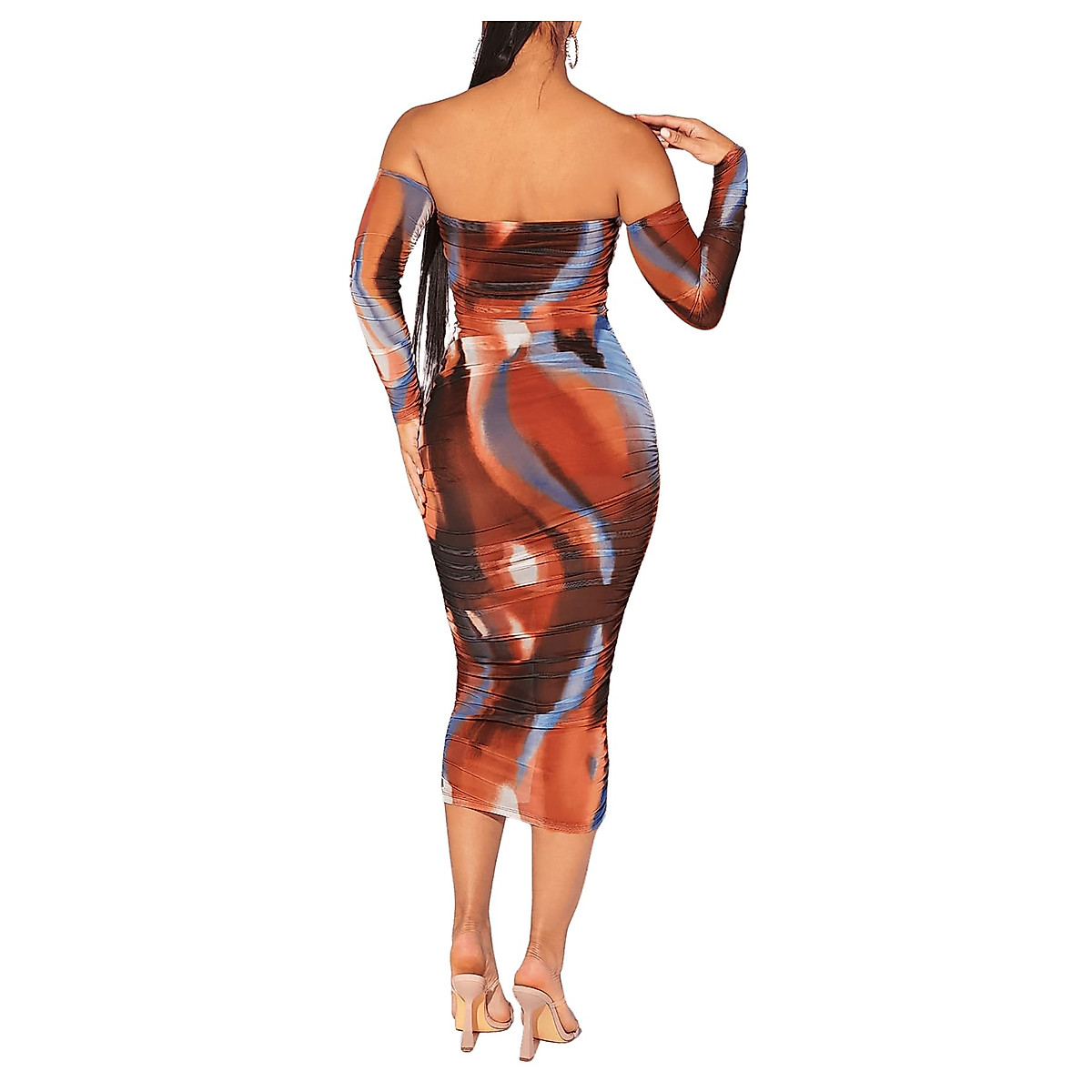 GORGLITTER Women's Tie Dye Bodycon Dress Off The Shoulder Ruched Long Sleeve Midi Dresses Multicolor Large