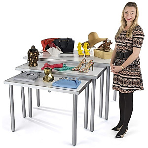Displays2go, White Nesting Tables for Retail, Steel, MDF, Melamine Build – White, Silver Finish (NST3T48WT)