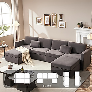KCHUSAL Modular Sectional Sofa, 4 Seat Deep Sectional Sofa with 2 Storage Ottomans, Oversized Sectional Couches for Living Room - Velvet Dark Gray(130'' W)