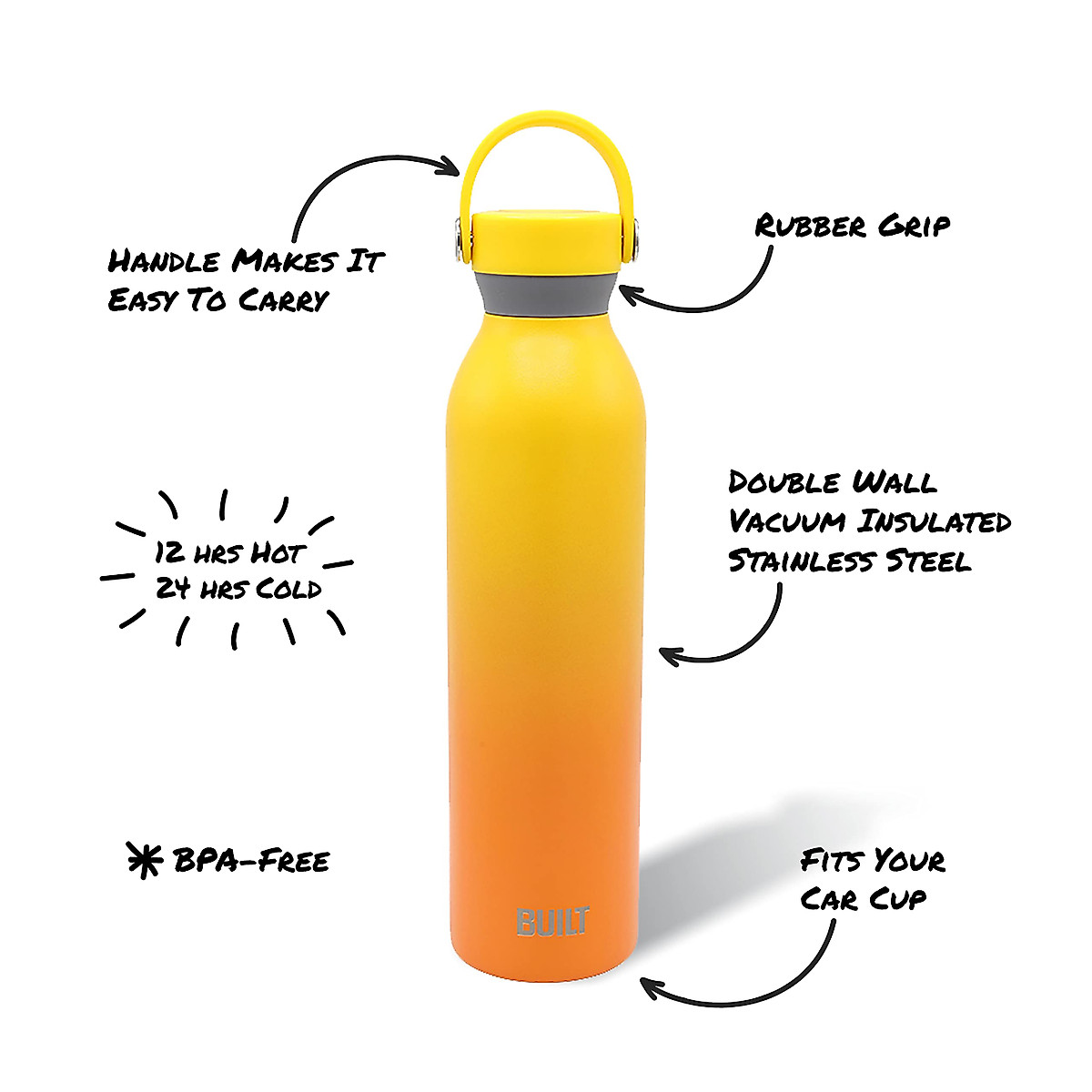 BUILT 24 Ounces Cascade Double Wall Vacuum Insulated Stainless Steel Bottle with Twist Lid with Handle, Yellow and Orange Citrus Sunrise Ombre