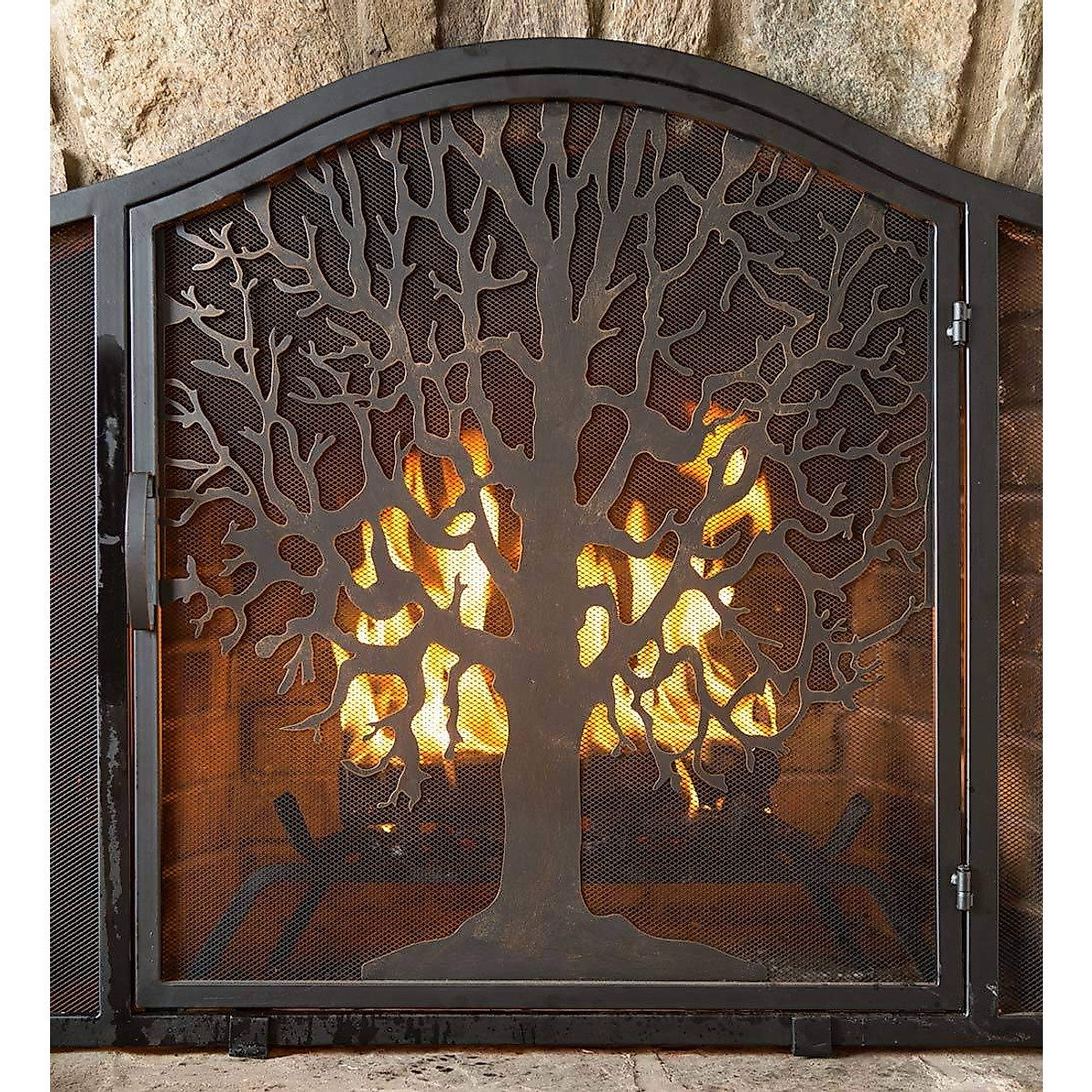 Plow & Hearth Metal Fireplace Screen Tree of Life Black | 38" W x 31" H | Flatguard | Spark Guard Grate | Iron Fire Place Cover | Wood Stove Accessories