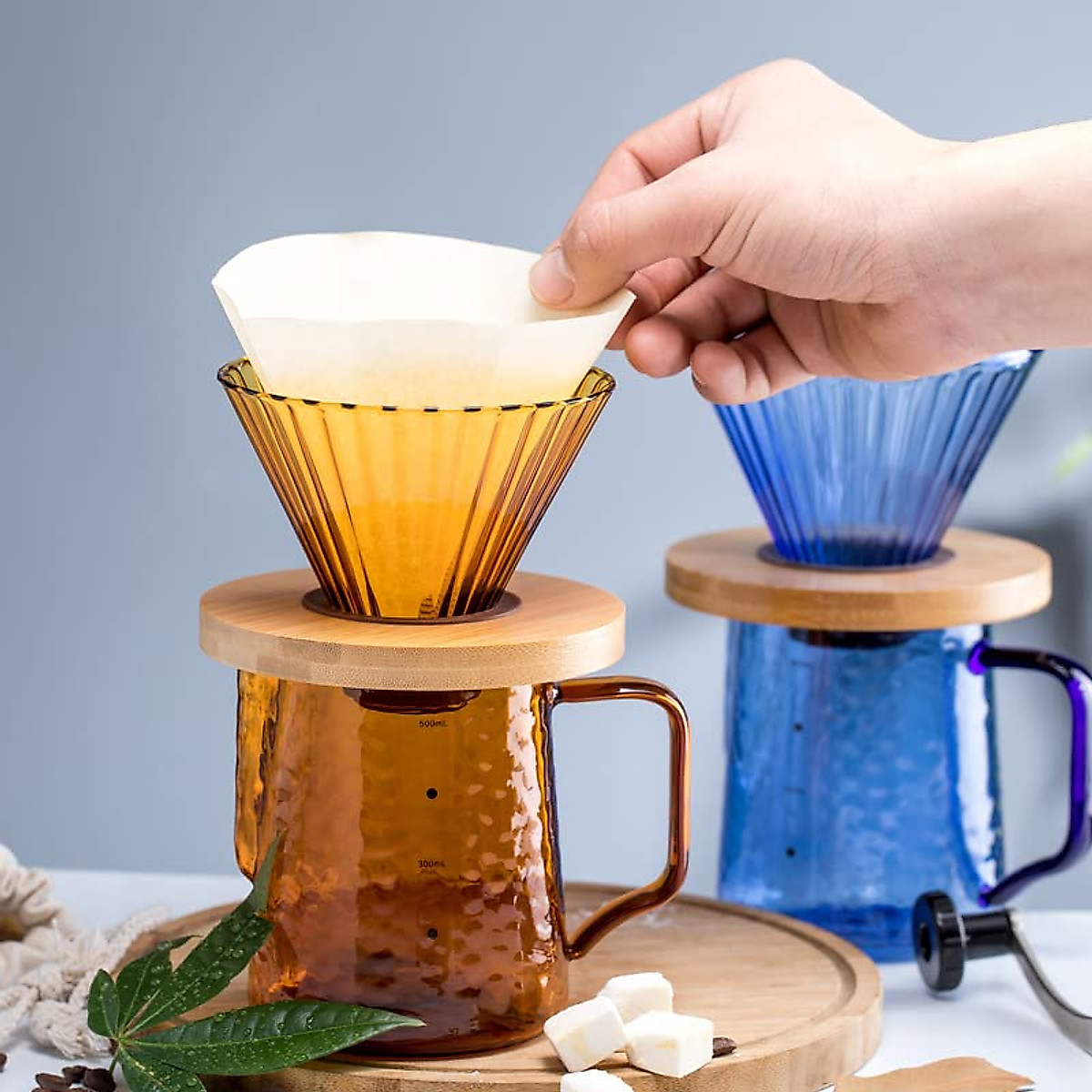 Sunormi Orange Glass Pour Over Coffee Dripper With Wooden Base Stand,1-3 Cups Coffee Cone Filter with 40Pcs Paper Filters