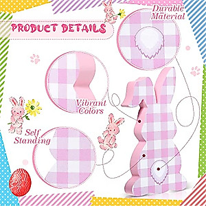 3 Pieces Easter Decor Bunny Tiered Tray Decoration Table Wooden Sign Buffalo Plaid Spring Rabbit Shape Wood Tabletop Decoration for Easter Party Desk (Vivid Style)