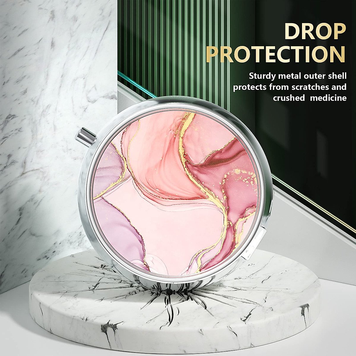 Nipichsha Pill Box, Small Pill Case for Purse & Pocket, Cute Medicine Organizer Travel Pillbox, Portable Pill Container Holder to Hold Vitamins, Medication, Fish Oil and Supplements, Pink Marble