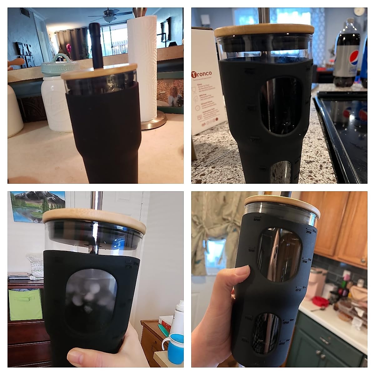 Tronco 32 Oz Tumbler with Straw and Lid, Reusable Drinking Glass Cup with Time Marker, Silicone Sleeve, Fits Cup Holder and Without BPA for Boba Smoothie, Tea, Iced Coffee (Black)