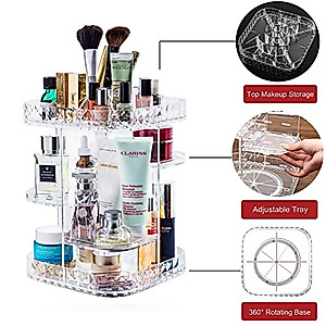 Makeup Organizer 360-Degree Rotating Cosmetic Storage Box, DIY Adjustable Large Capacity Cosmetics Display Case Square Makeup Shelf with Diamond Pattern