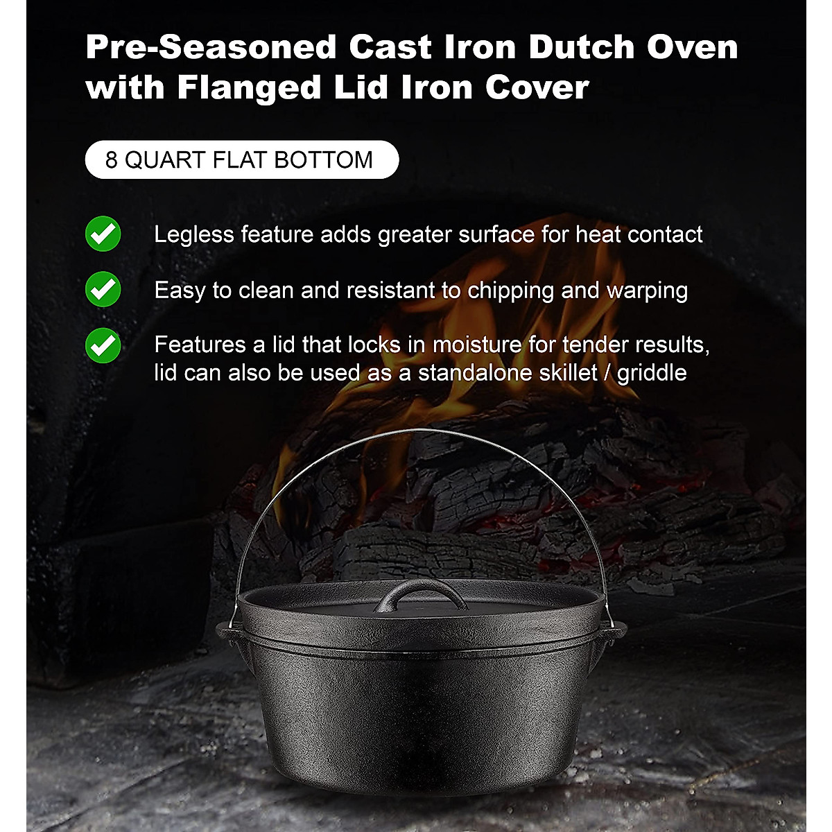 Bruntmor Pre-Seasoned Cast Iron Dutch Oven with Flanged Lid Iron Cover, for Campfire or Fireplace Cooking Pre-Seasoned Camping Cookware Flat Bottom 8 Quart