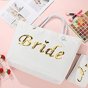 2 Pieces Gold Sequin Bride Tote Bag Canvas Beach Bag Bridal Shower Party Bags Large Wedding Clutch Bag with I Do Makeup Pouch for Engagement Bachelorette Wedding Honeymoon