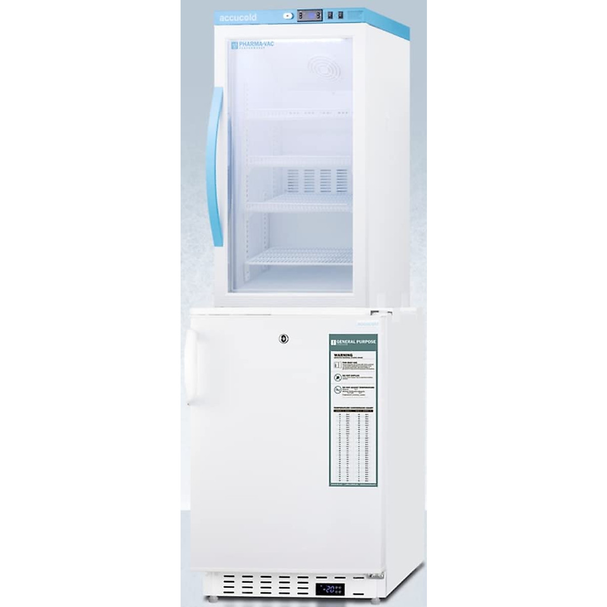 Accucold ARG3PV-ADA305AFSTACK Stacked Combination of ARG3PV Automatic Defrost Vaccine Refrigerator with ADA305AF Manual Defrost Vaccine Freezer, Hospital Grade Cords with Green Dot Plugs