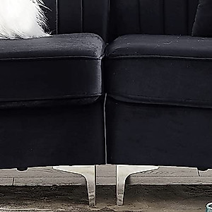 Yoglad Upholstered Curved Sectional Sofa, Modern Style Semicircle Couch, Tufted Sofa with Metal Legs, Circular Sofa with Villose Pillows for Living Room (Black, 140" Stripe Style, Velvet)