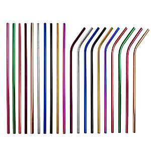 Hoshen 10Pcs Reusable Stainless Steel Color Straws, Color Metal Full Straight Straws (Including 2 Brushes), Suitable For 20/24/30 Ounce Tumblers, 8.5 Inches-Full Straight