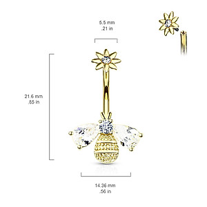 Pierced Owl CZ Crystal Bumble Bee Flower Top Belly Button Navel Ring (Rose Gold Tone)