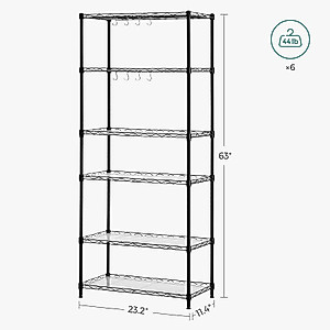 SONGMICS 6-Tier Metal Storage Shelves, Wire Shelving Unit, Adjustable Shelves, Garage Shelving, Kitchen, Living Room Storage Rack, Shelf Liners, 8 Hooks, Total Max. Load 264 lb, Black ULGR066B01