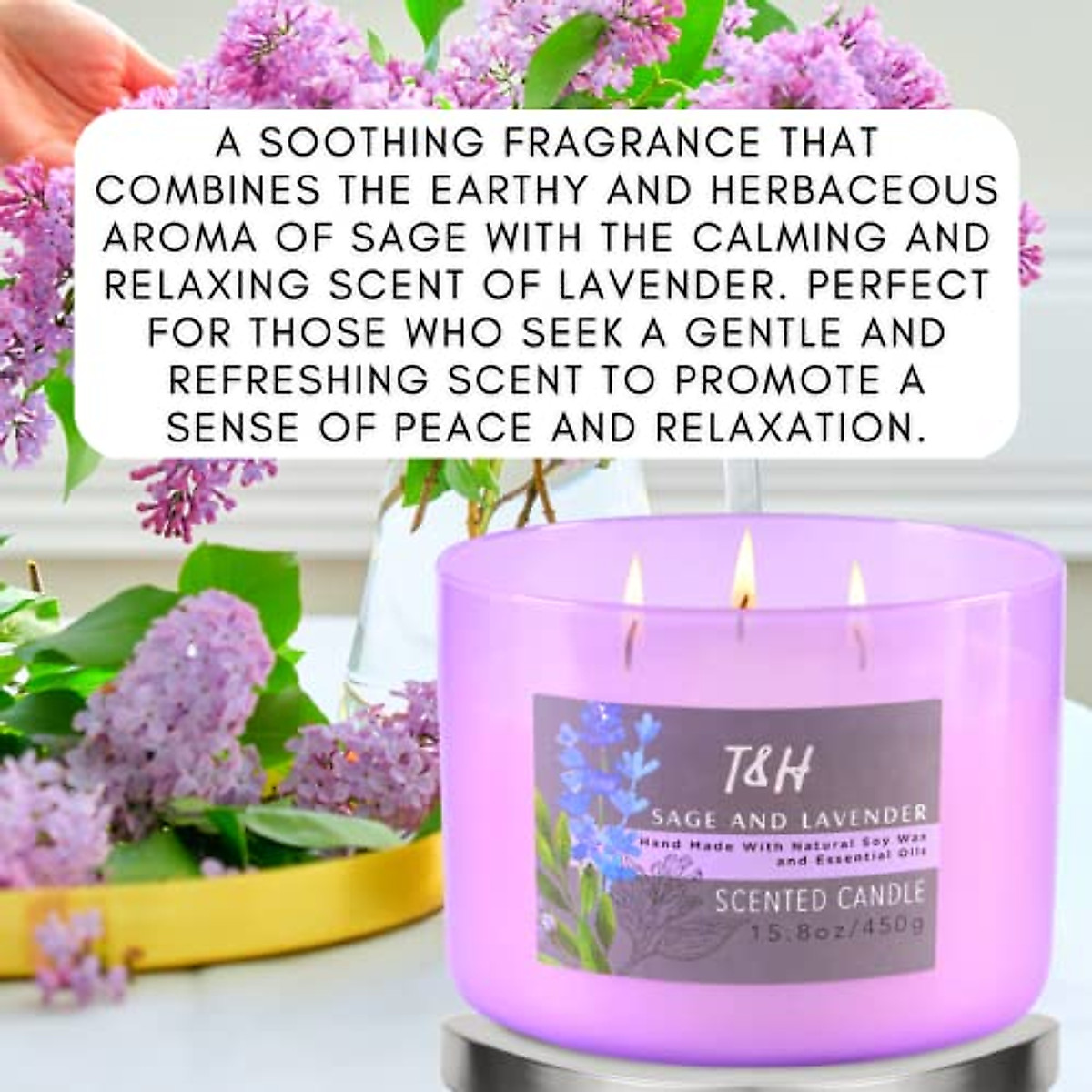 Sage Lavender Scented Candle 3 Wick | Aromatherapy Relaxing & Energy Cleansing Candle with Cedarwood, Clove & Eucalyptus 15.8 oz | Sage Candles for Cleansing House | Large Natural Soy Candles for Home