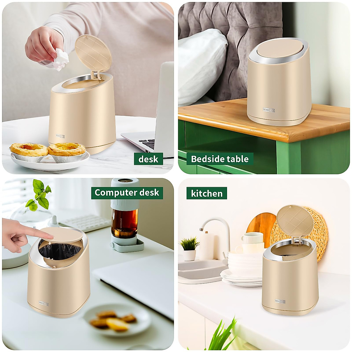 TIMIVO Mini Trash Can with Lid, Desktop Small Trash Can Garbage Can, 0.5G/2.0L Pop Up Countertop Wastebasket for Bathroom, Office, Kitchen, Desk, Car with Trash Bags 140 Pcs(Khaki)