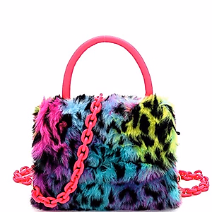 Cute Retro Plastic Chain Vegan Leather Fur Mini Satchel Bag Crossbody Clutch (2Faux Fur Leopard Multicolor/Neon Pink Chain)