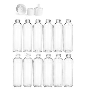 Premium Essential Oil 4 Ounce Cosmo Round Bottles, PET Plastic Empty Refillable BPA-Free, with Ribbed White Flip Spout Caps (Pack of 12) (Clear)