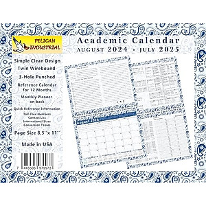 2024-2025 Academic Year 12 Months Student Calendar/Planner for Wall & Desk & 3-Ring Binder, for School, Teacher, Student (Blue Navy Paisley Edition #019)