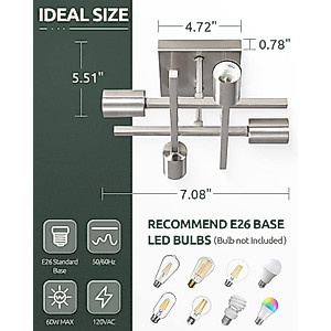 Eietonte Industrial 4-Light Semi Flush Mount Ceiling Light Fixture, Modern Brushed Nickel Chandelier Lighting, Farmhouse E26 Base Sputnik Ceiling Lamp for Kitchen Bedroom Living Room Hallway