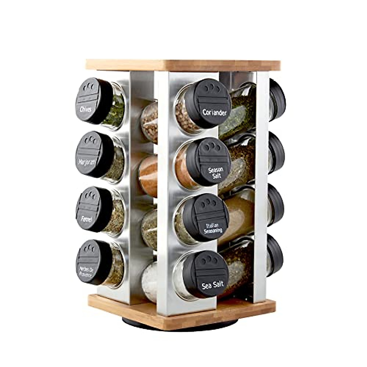 Kamenstein 16 Jar Warner Revolving Countertop Spice Rack Organizer with Lift & Pour Caps and Spices Included, FREE Spice Refills for 5 years, Stainless Steel & Bamboo with Black Caps