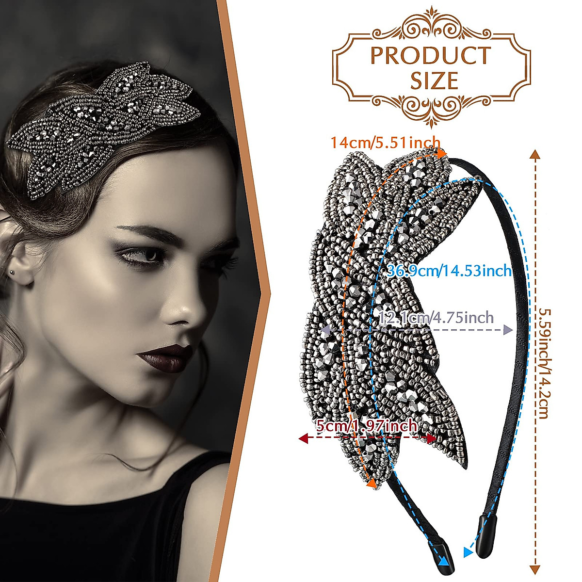 Jutom Flapper Headband 1920s Headbands for Women 3 Pieces Black Headpiece Beaded Leaf 1920s Accessories (Silver, White, Black)