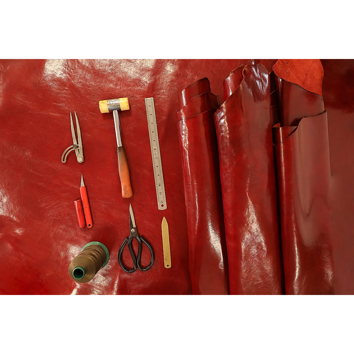 Full Grain Vegetable Tanned Tooling Leather Square 1.2-1.6mm (3-4oz) Thick Pre-Cut Cowhide Leather Sheet for Leather Crafting (6 x 12 in, Red)