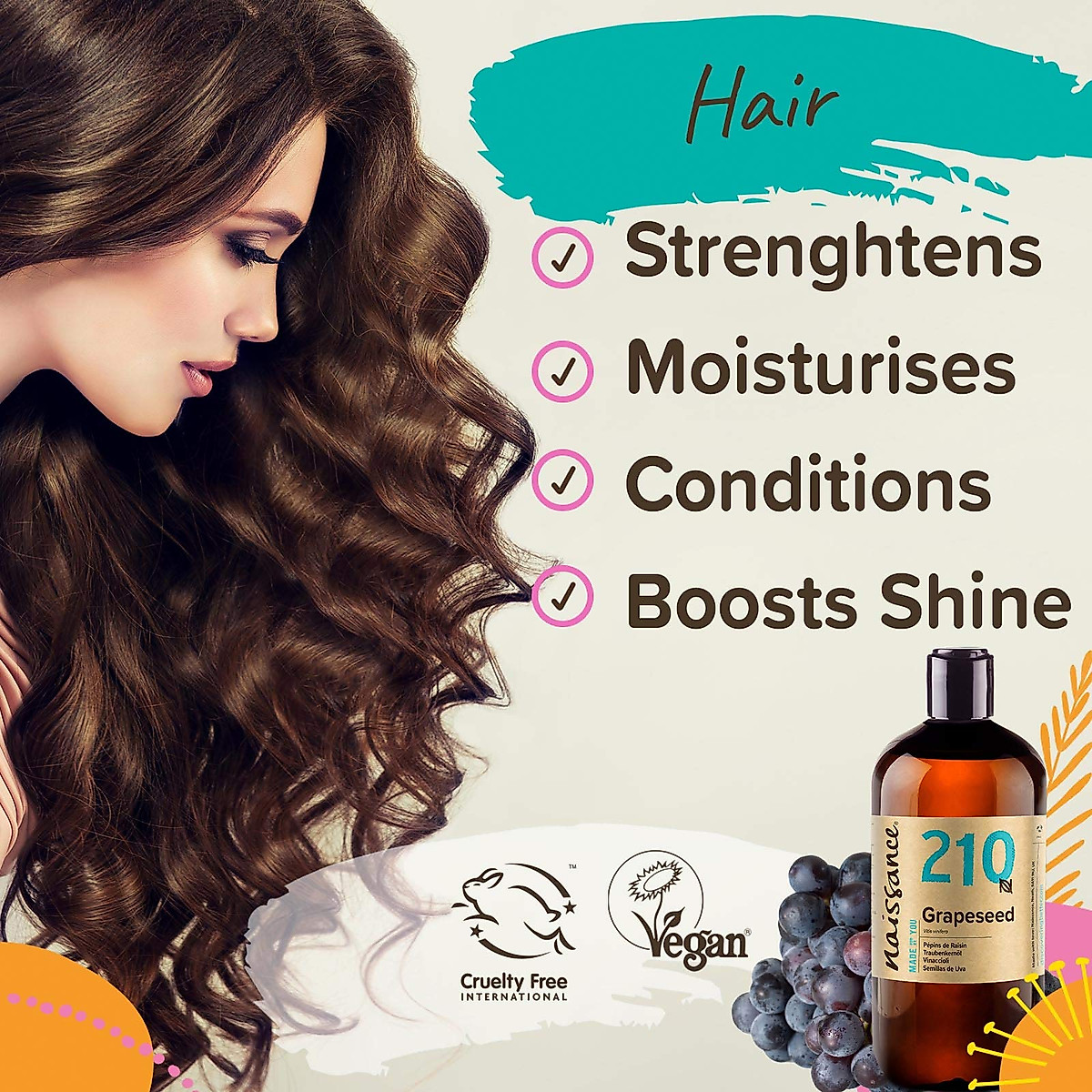 naissance Grapeseed Oil 16 fl oz Pure & Natural, Vegan, Hexane Free, Non GMO - Ideal for Aromatherapy and as a Massage Base Oil - Natural Moisturizer and Conditioner for Hair & Skin