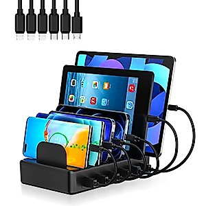 Charging Station for Multiple Devices, ALFUEL 50W 6 Port USB Charging Station Dock with 6 Charging Cables, Charger Station Organizer for iPhone, Android, Tablets, Kindle, Smart Watch - Black