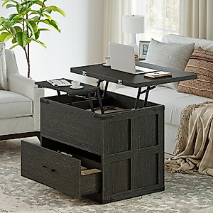 FABATO Lift Top Coffee Table, Farmhouse Coffee Table, Convertible Coffee Table with Storage and Drawer, Multifunctional Center Table Converts to Dining Game Table for Living Room, Dark Gray