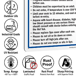 SmartSign 14 x 10 inch “Hot Tub Safety Rules” Metal Sign with Pre-Cleared Holes, 40 mil Laminated Rustproof Aluminum, Blue, Black and White, Made in USA