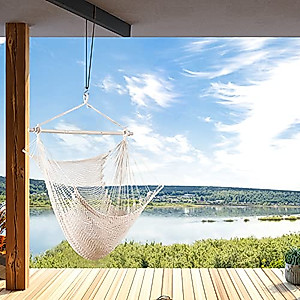 HBlife Hammock Chair Max 330 LBS Hanging Chair with Portable Metal Rod Handwoven Cotton Rope Hammock Swing for Bedroom Beige, Small