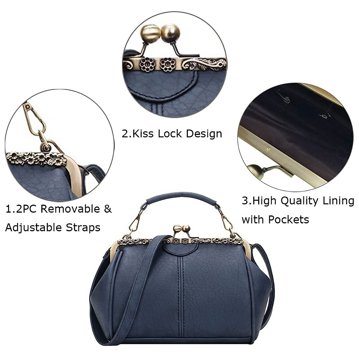 Arnosoar Vintage Kiss lock Handbag Women Purses Solid PU Leather Top-Handle Bag Indigo-blue