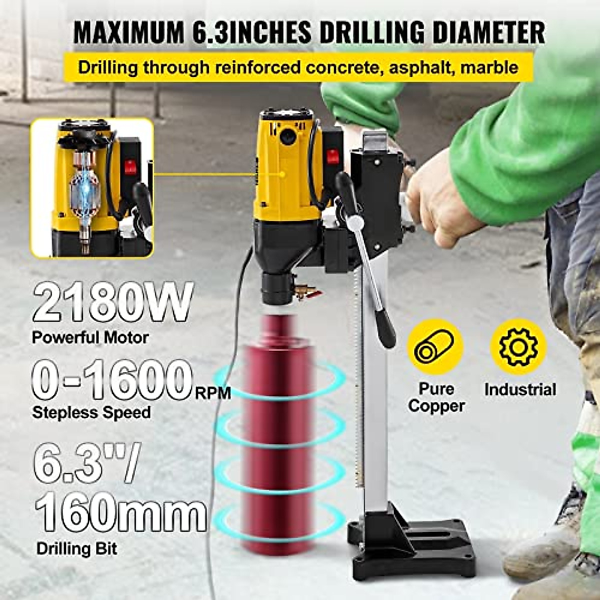 High-Performance 2180W Diamond Core Drill Rig - Industrial Concrete Drilling Machine w/ 160mm 180mm Drill Bits - Handheld/Stand - Wet Electric