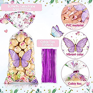 100 Pcs Butterflies Cellophane Treat Bags Plastic Butterfly Party Favors Watercolor Butterfly Cello Candy Bag with 100 Twist Ties for Butterfly Theme Baby Shower Girl Birthday Party Supplies (Purple)
