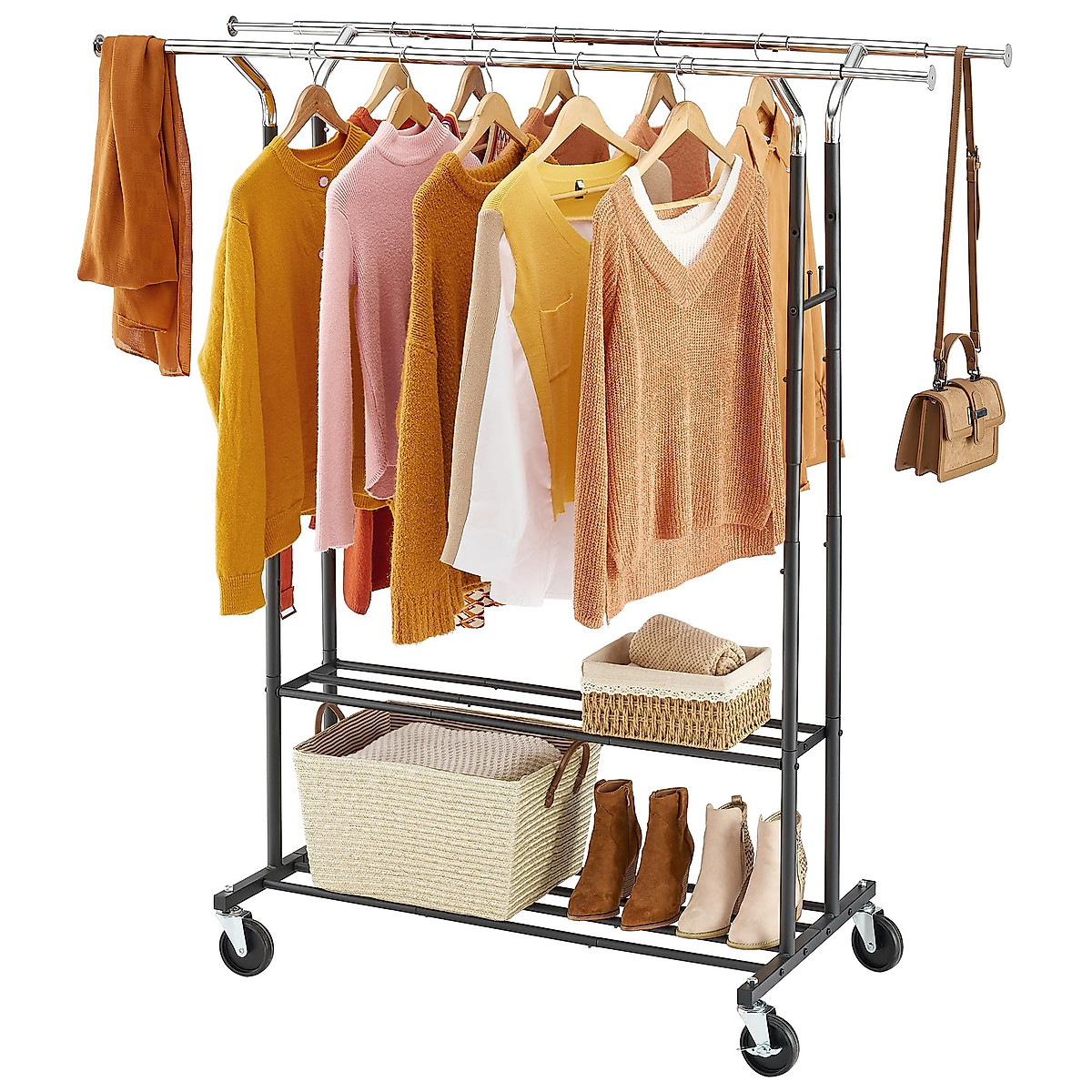 Tajsoon Heavy Duty Clothing Rack Extensible Double Rods with 2 Shelves, Rolling Clothes Rack with Wheels, Rolling Garment Racks for Hanging Clothes Load 250LBS, Clothes Hanging Rack Black