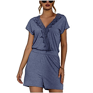 Women's Casual Sexy V-Neck Short Pants Lace Loose Jumpsuit(Blue, XXL)