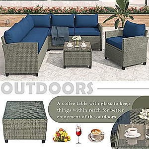 EMKK Outdoor Patio Furniture Conversation Set 5 Pieces All Weather PE Wicker Rattan Sectional Sofa Couch with Cushions and Glass Table for Lawn, Backyard, Garden, C-Blue