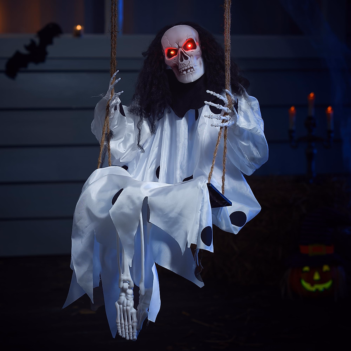 JOYIN 36" Hanging Clown Outdoor Halloween Decorations, Swinging Skeleton Decor with Light Up Eyes Button Battery Operated for Clearance Haunted House Prop Party Supplies