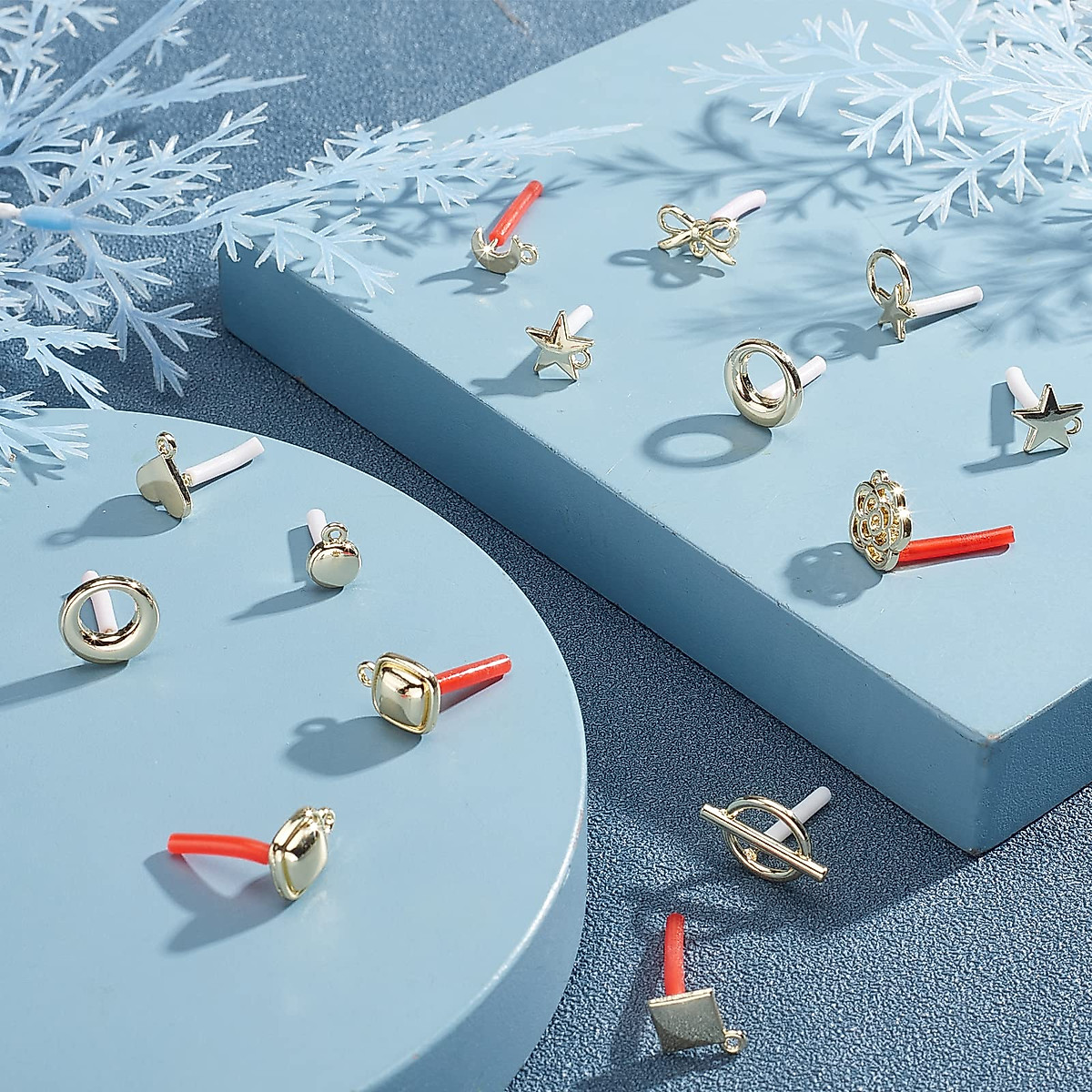 PH PandaHall 96pcs Earring Studs Backs 48pcs 12 Styles Golden Earring Posts Heart Moon Star Rhombus Pad Base with Loops Steel Pin and 48pcs Plastic Earring Backs for DIY Earring Making and Repairing