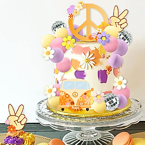 45 PCS Groovy Cake Toppers Boho Cake Topper Hippie Party Decorations with Flower Bus for Girl Birthday Party Boho Groovy Party Supplies (Style 1)