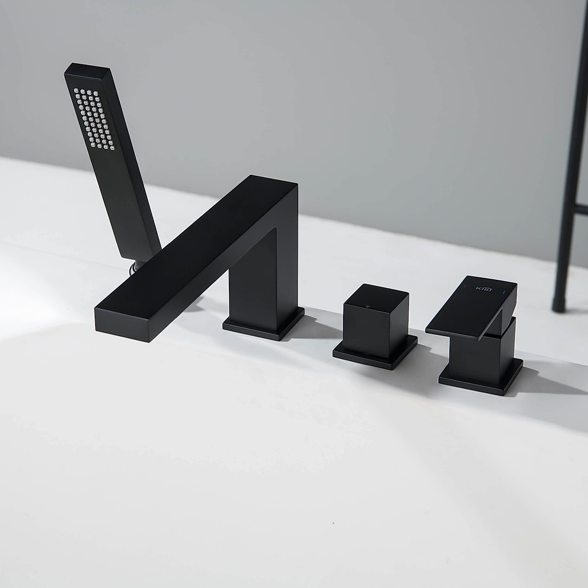 KIBI Cube Single Handle Roman Tub Faucet with Hand Shower Deck Mounted Bathtub Faucet Set with Diverter (Matte Black) (KTF3102)