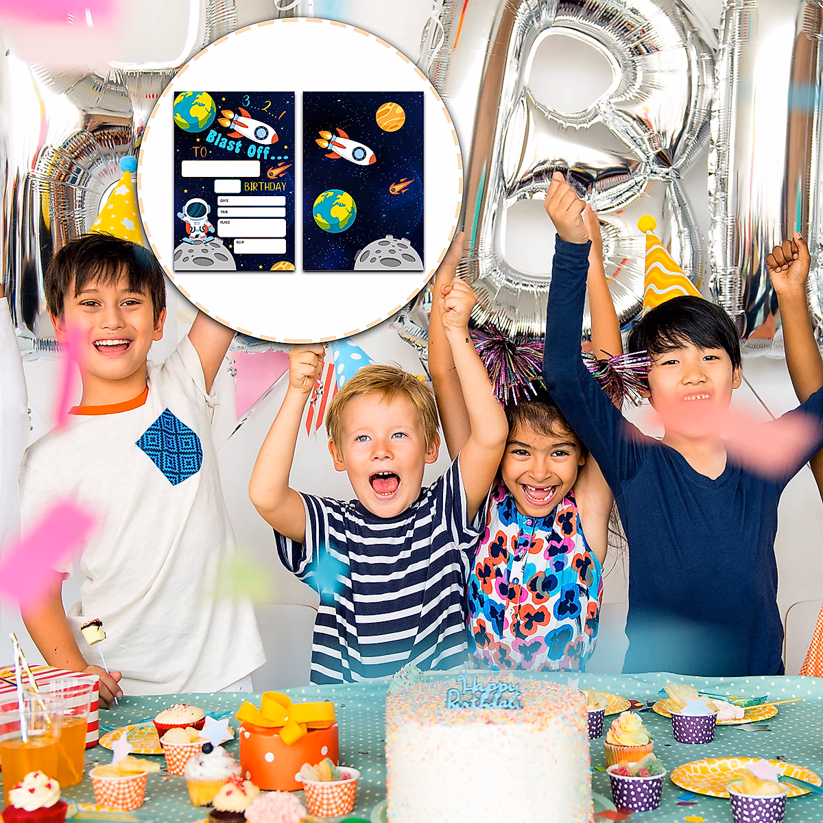 Buildinest Outer Space Birthday Party Invitations with Envelopes (20-Pack), 4"x6" Planets Rocket Ship Astronaut Birthday Invitation Cards, Galaxy Blast Off Party Invites-B15