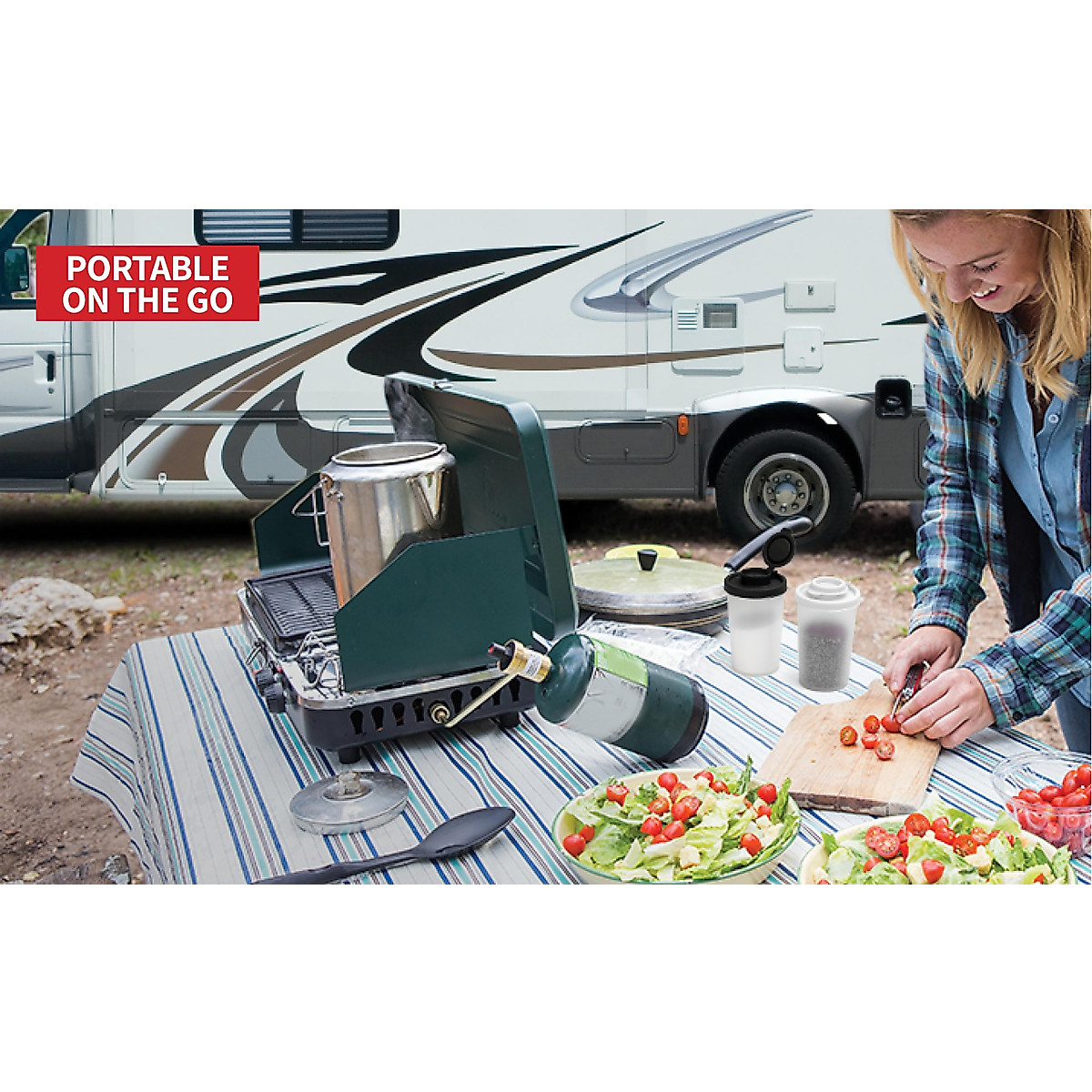 SIGNORAWARE Salt and Pepper Shakers Moisture Proof Set of 2 Large Salt Shaker to go Camping Picnic Outdoors Kitchen Lunch Boxes Travel Spice Set Clear with Red Covers Lids Plastic Airtight Dispenser