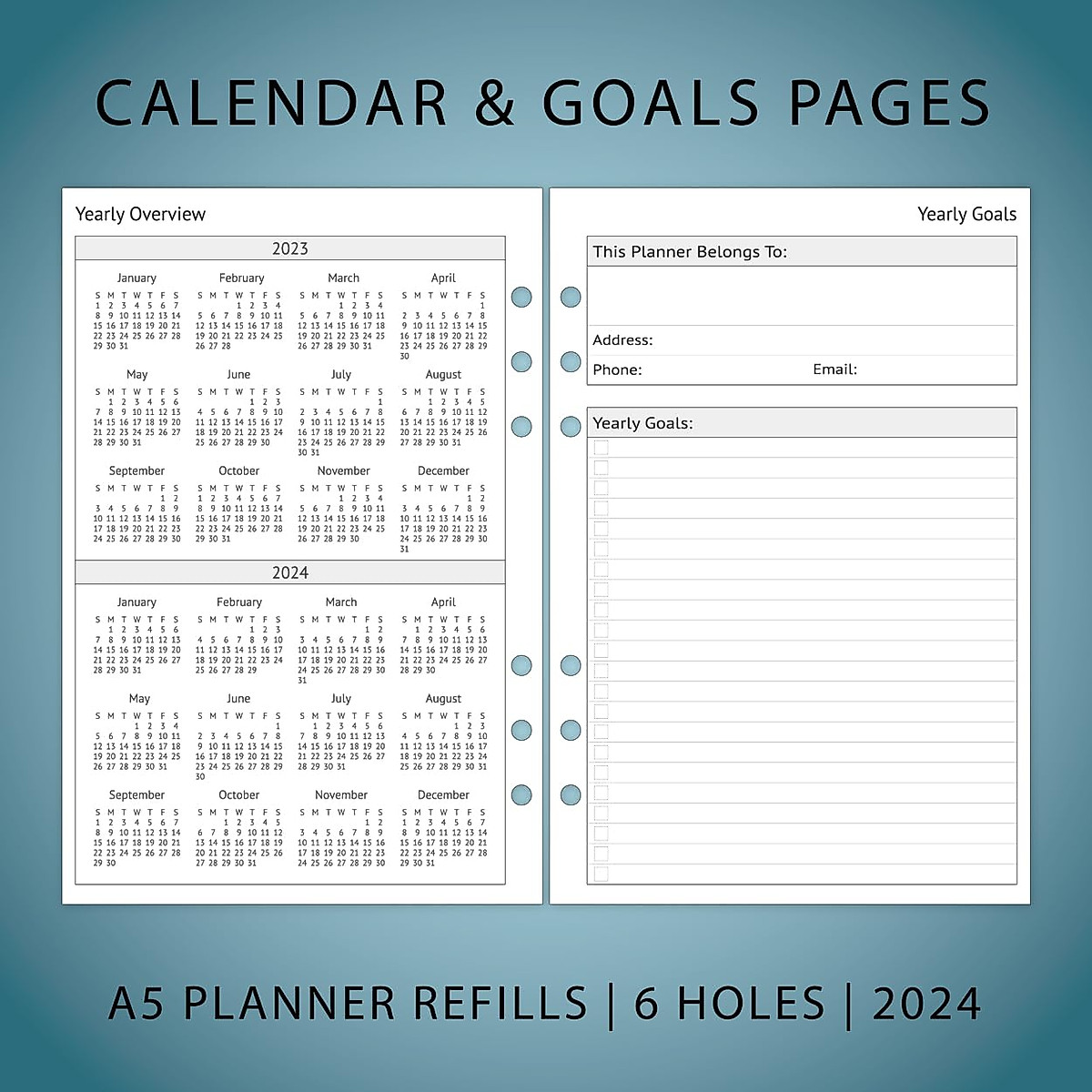 2024 Planner Refills - Weekly and Monthly Appointment Book Inserts, Tabbed, 6 Holes, A5 Size